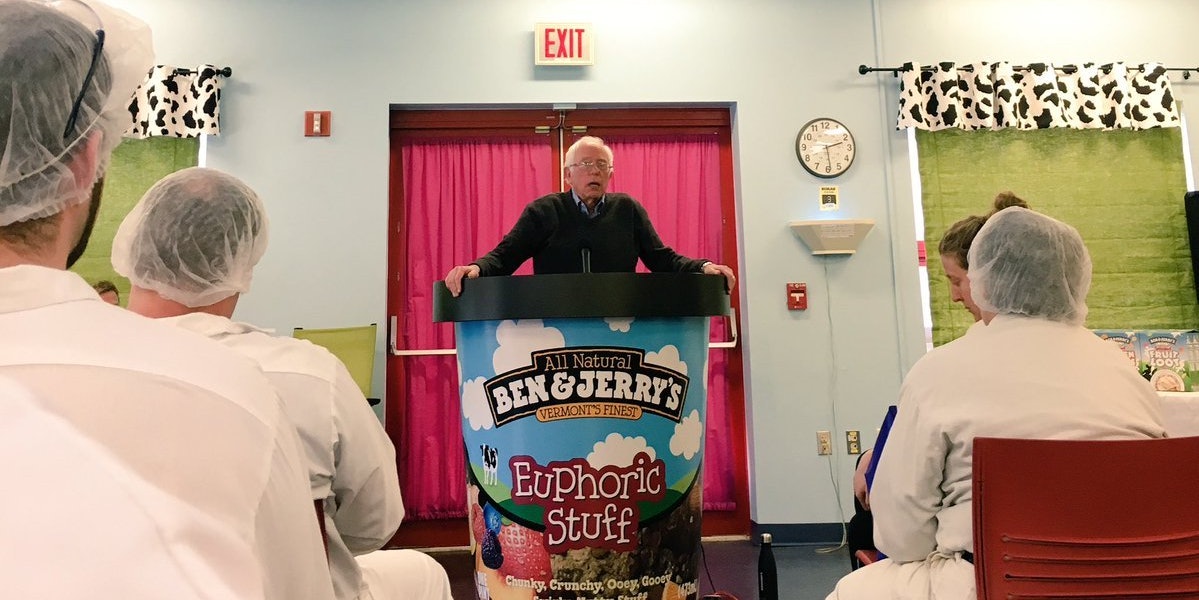 Here, Internet: Bernie Sanders at a Giant Ben & Jerry's Podium | Inverse